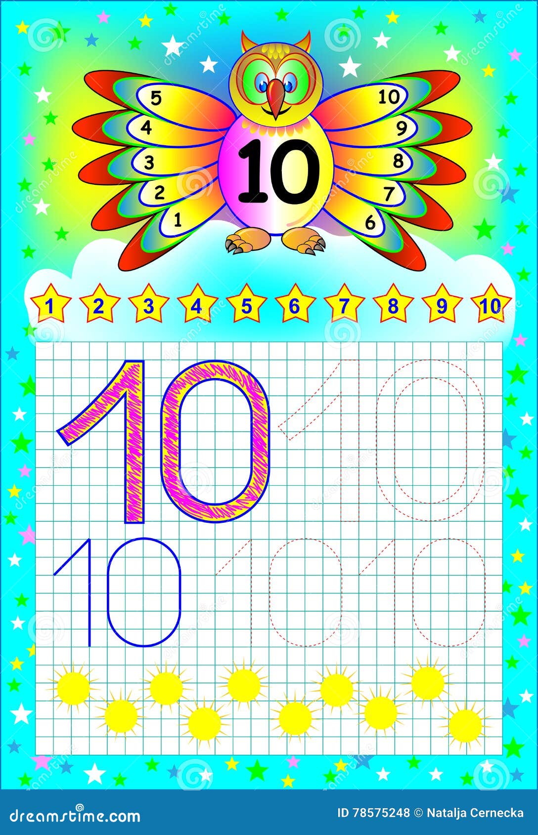 Educational Page for Children on a Square Paper with Number Ten. Stock ...