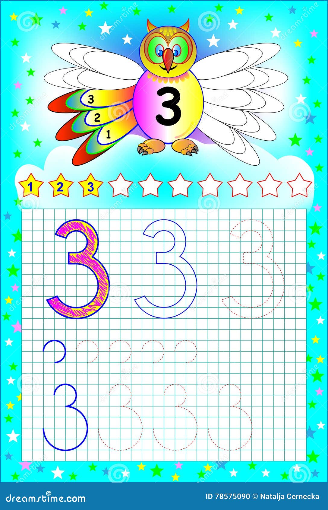 Educational Page for Children on a Square Paper with Number Three ...