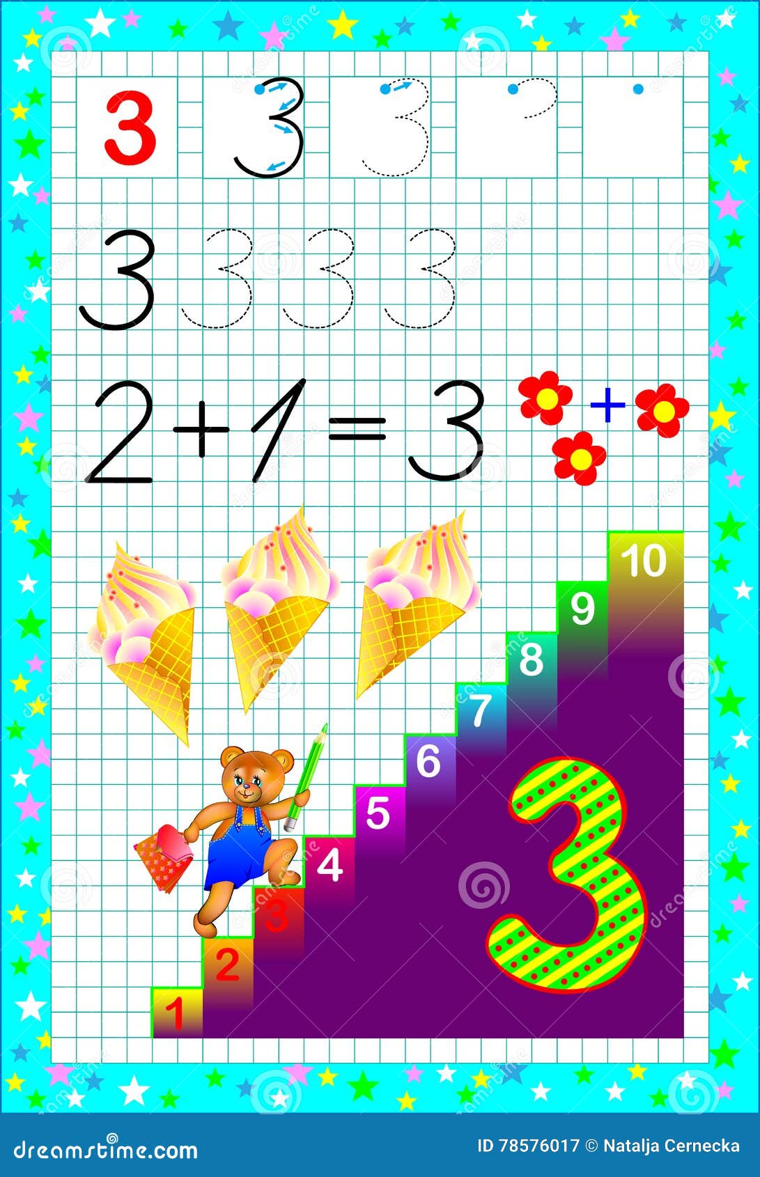 Educational Page for Children on a Square Paper with Number Three ...