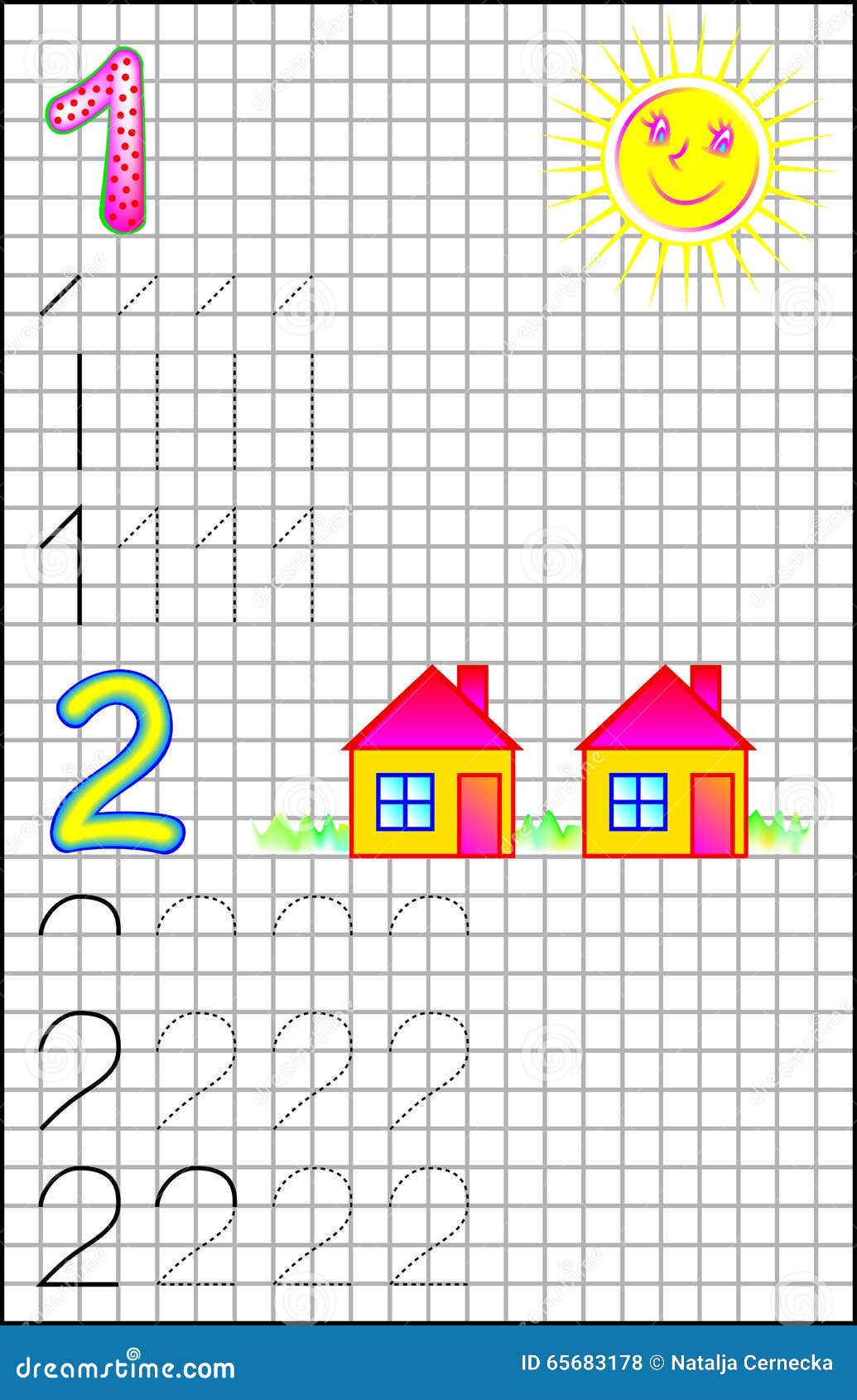 Educational Page for Children on a Square Paper with Numbers 1 and 2 ...
