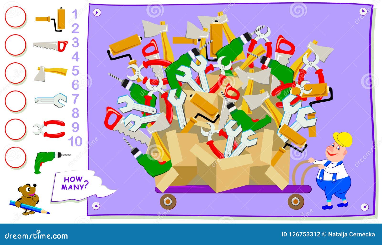 Educational Page for Kids. How Many Times of Each Tool the Worker Has ...