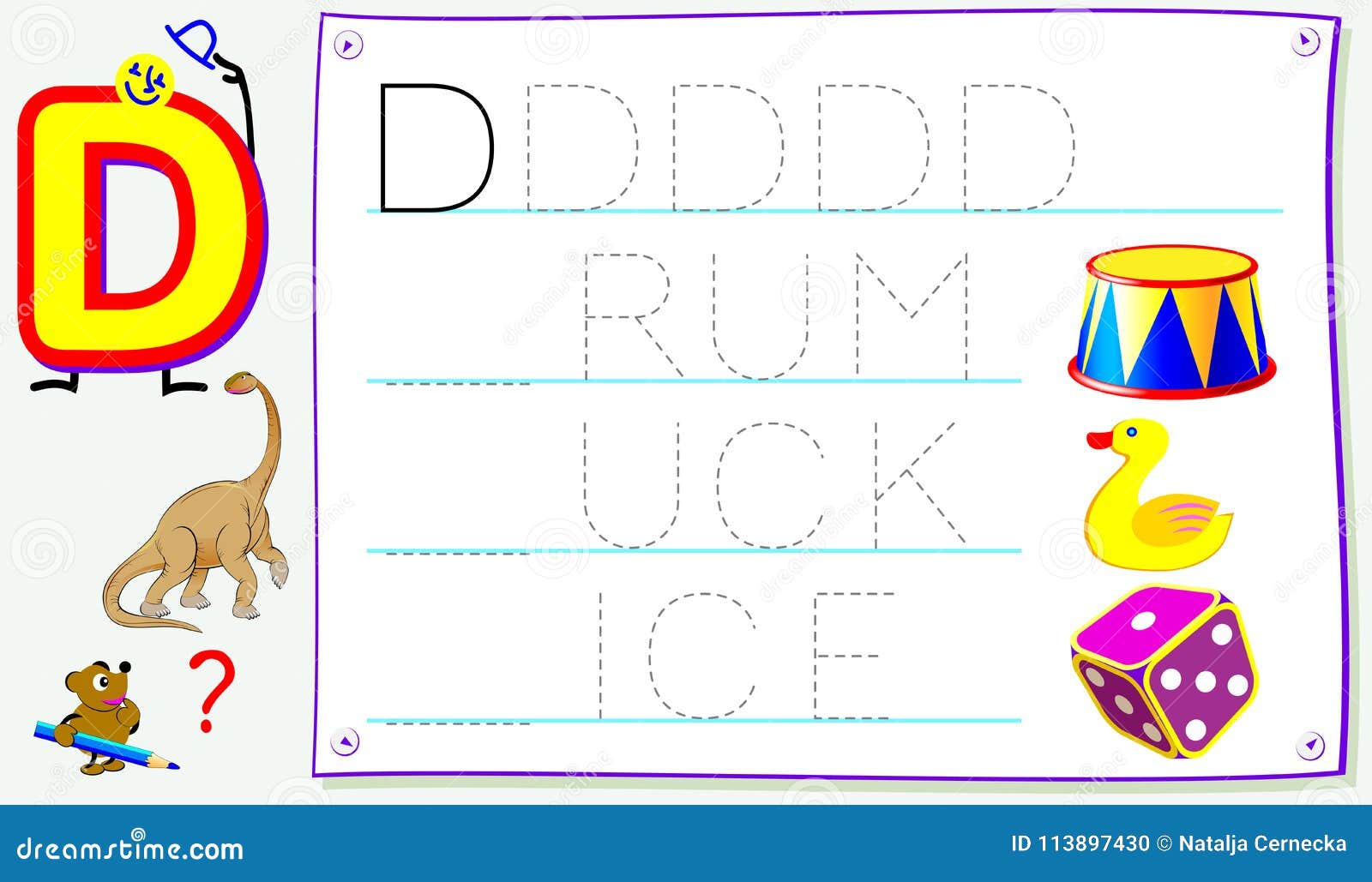 Educational Page for Young Children with Letter D for Study English ...