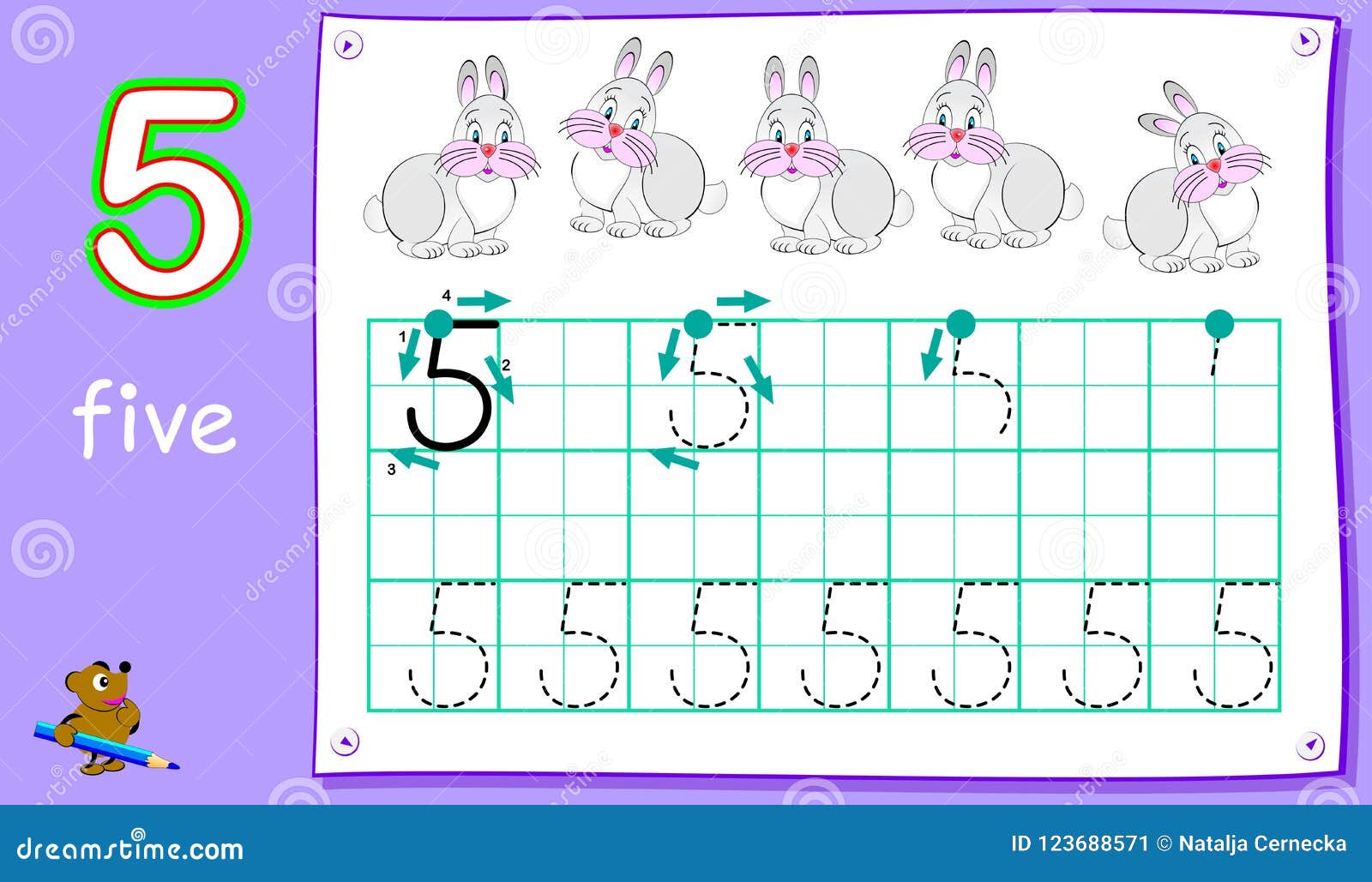 Educational Page for Young Children with Number Five. Developing Skills ...