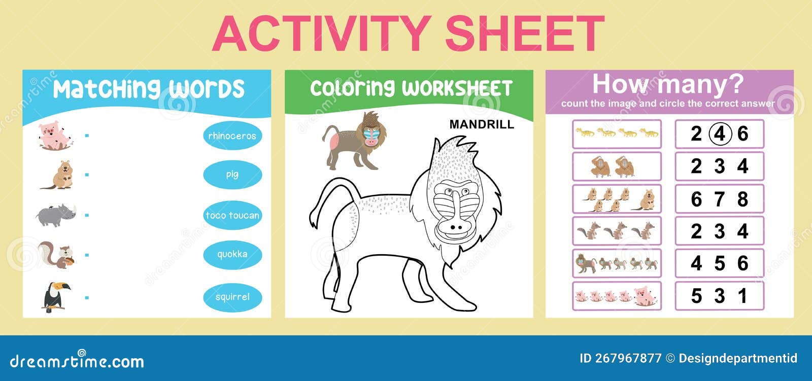 Activity Sheet For Children With Animal Theme. Coloring Sheet, Matching ... Activity Sheet For Children With Animal Theme. Coloring Sheet, Matching ...