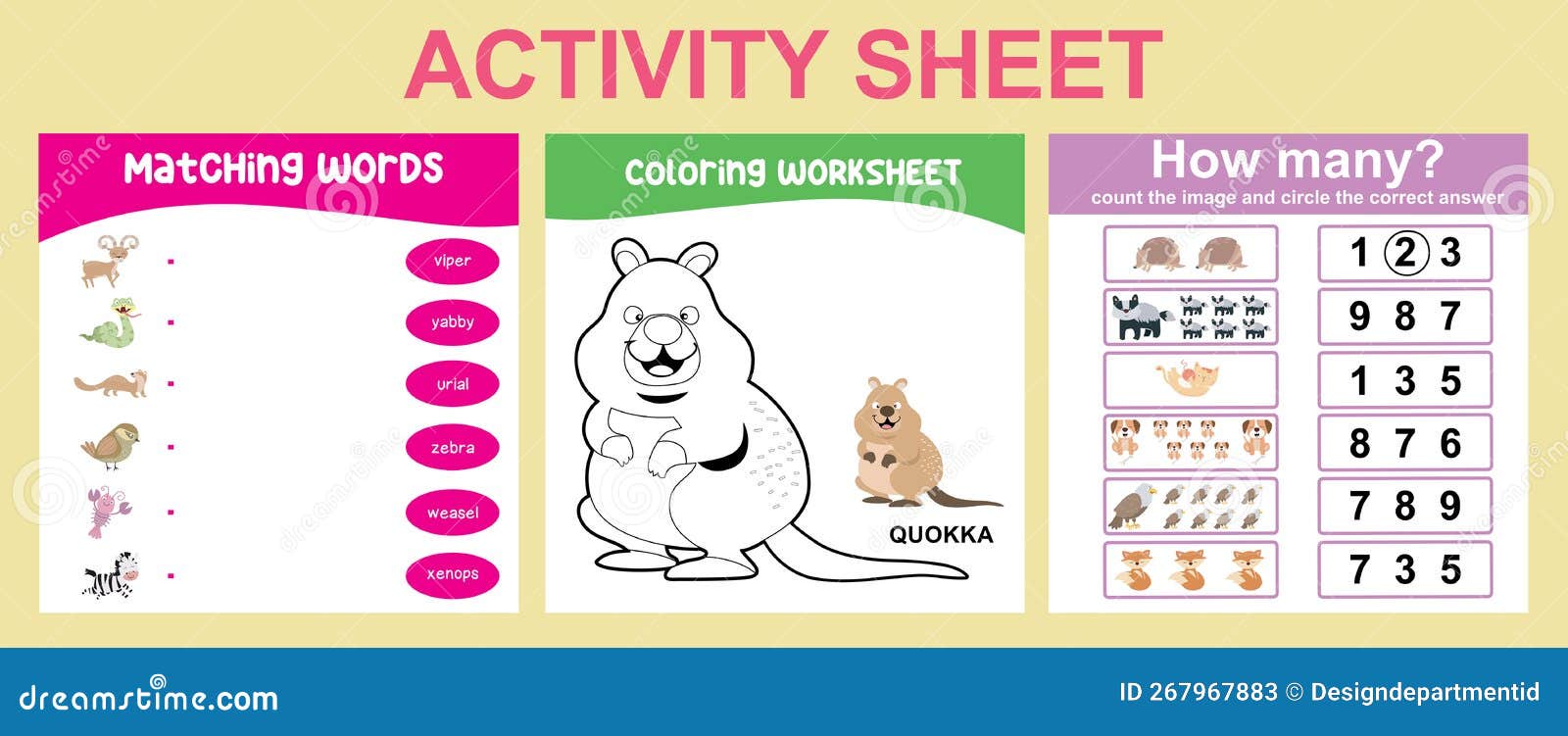 Activity Sheet for Children with Animal Theme. Coloring Sheet, Matching ...