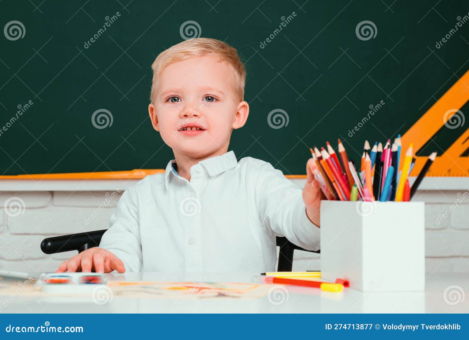 Educational Process. Education. Kid Gets Ready for School. Chalkboard ...