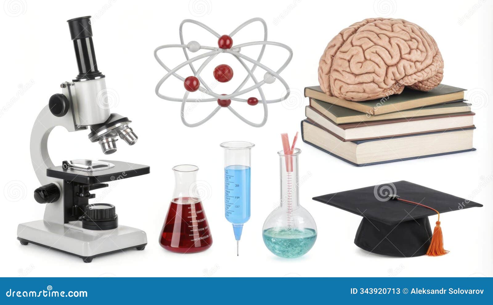 Educational Science Still Life Showing Atom Model, Microscope, Brain on ...