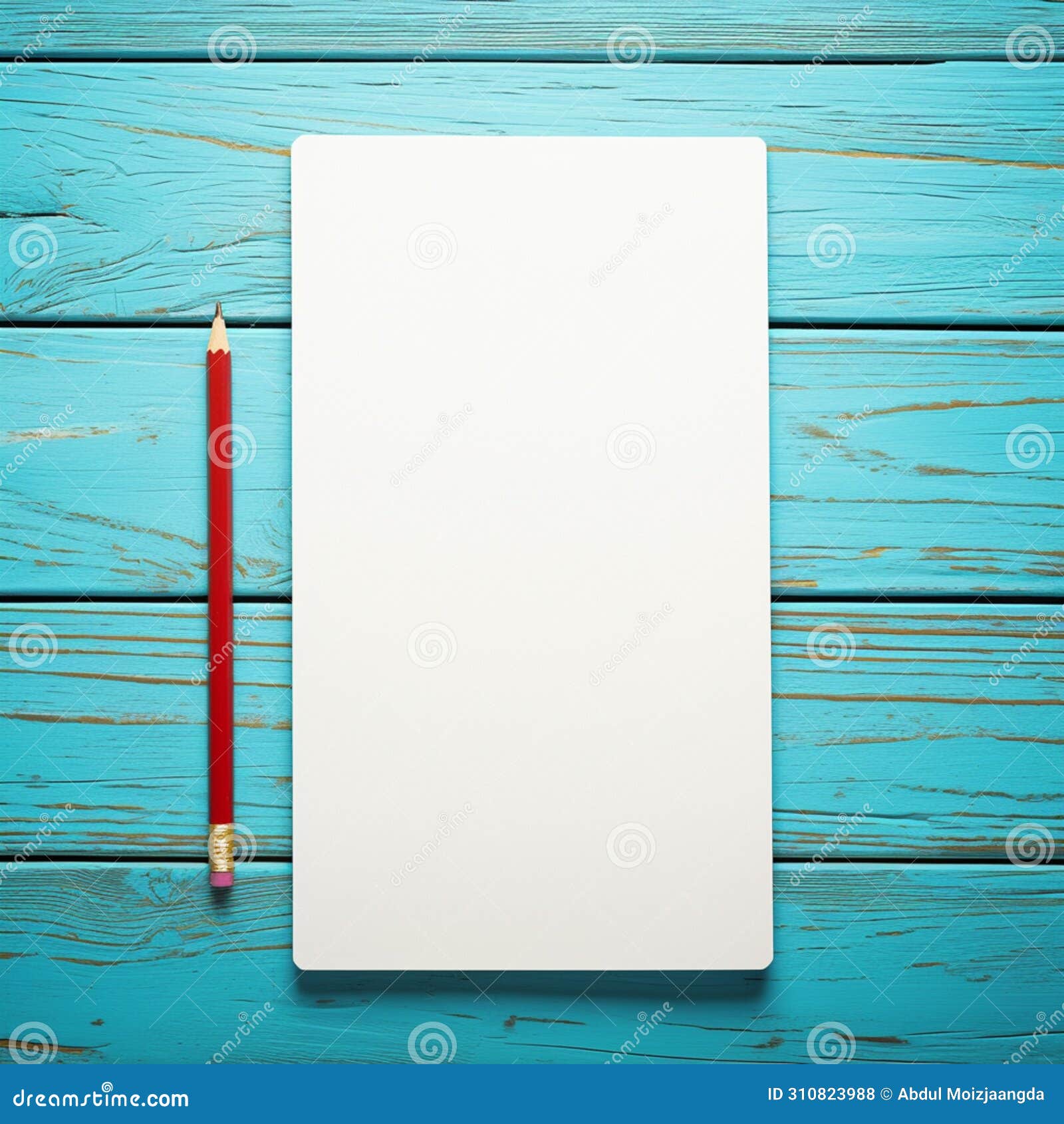Educational Setting Notepad and Red Pencil on Blue Wooden Background ...