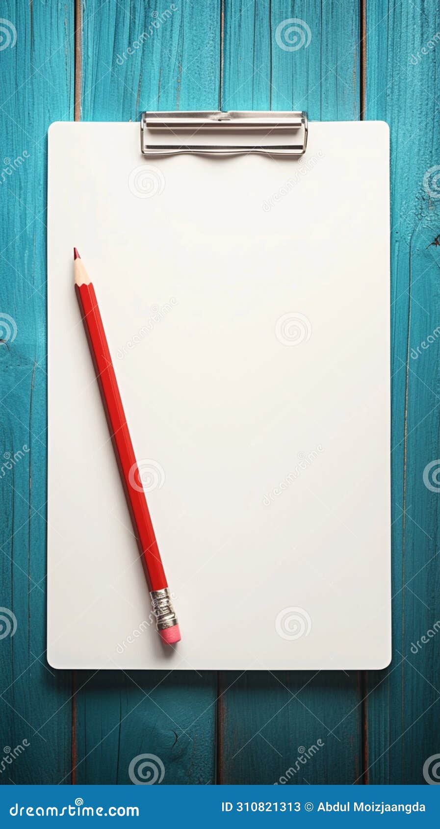 Educational Setting Notepad and Red Pencil on Blue Wooden Background ...