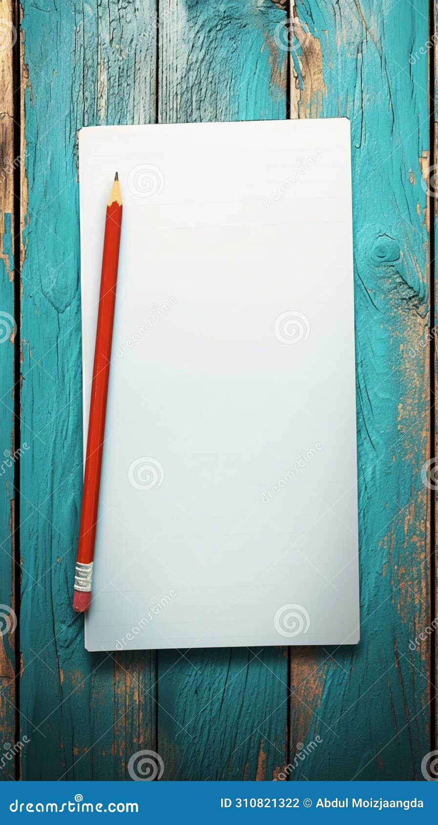 Educational Setting Notepad and Red Pencil on Blue Wooden Background ...