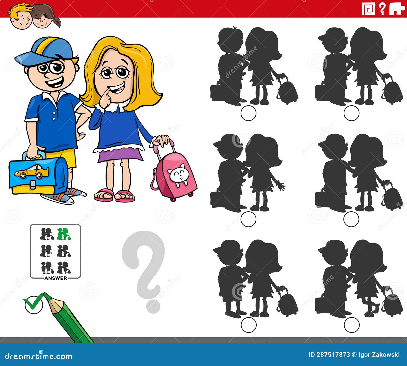 Educational Shadows Game with School Girl and Boy Stock Vector ...