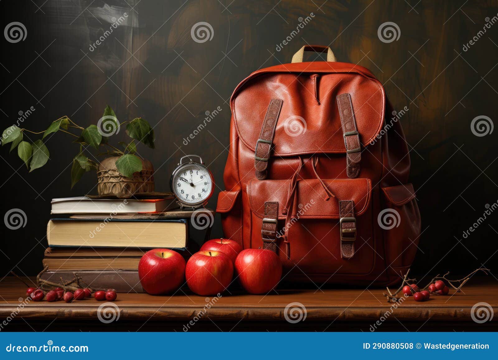 An Educational Still Life, Ready for Learning with Bag, Desk Clock and ...