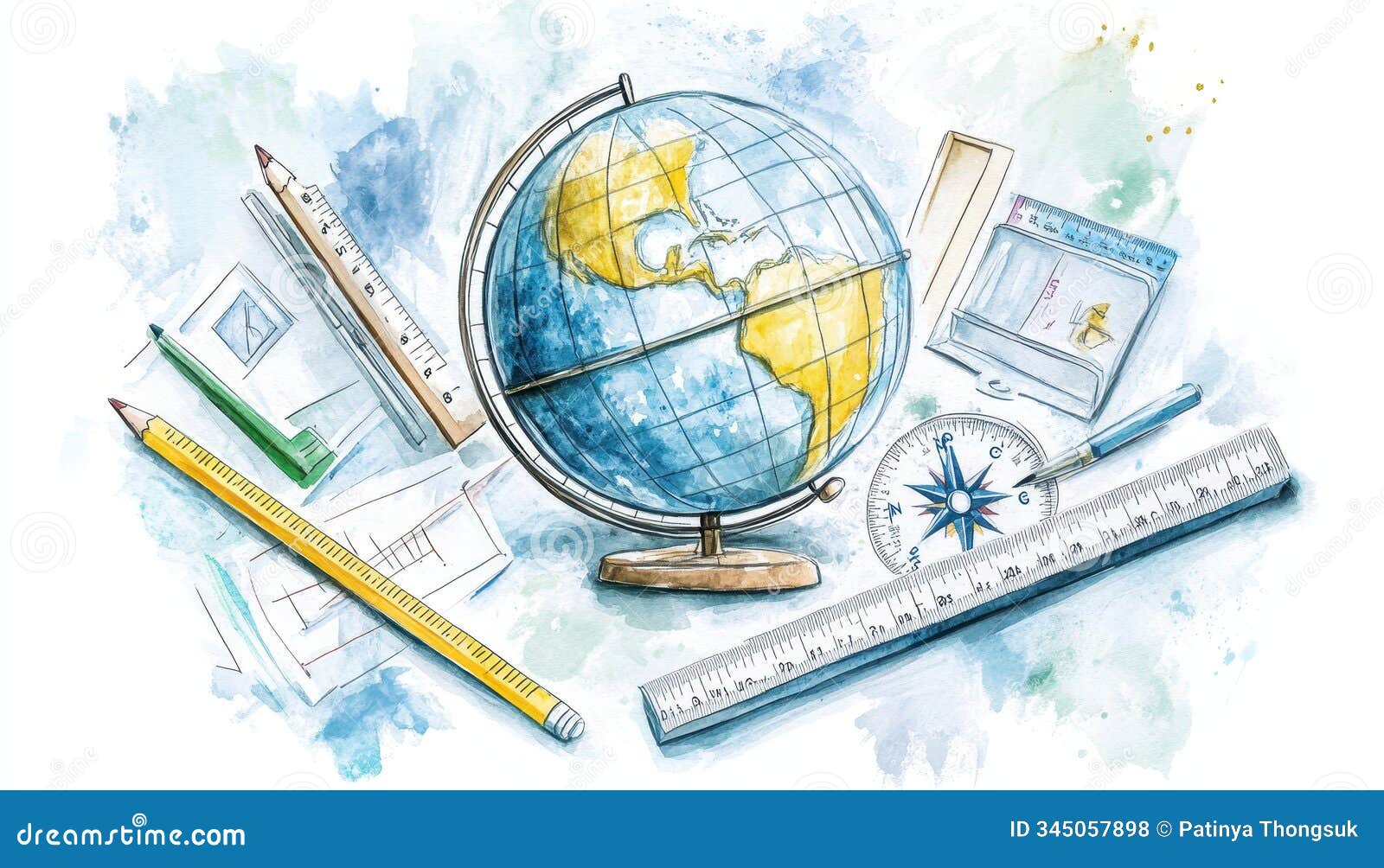 Educational Watercolor Illustration of a Globe and Tools Stock ...