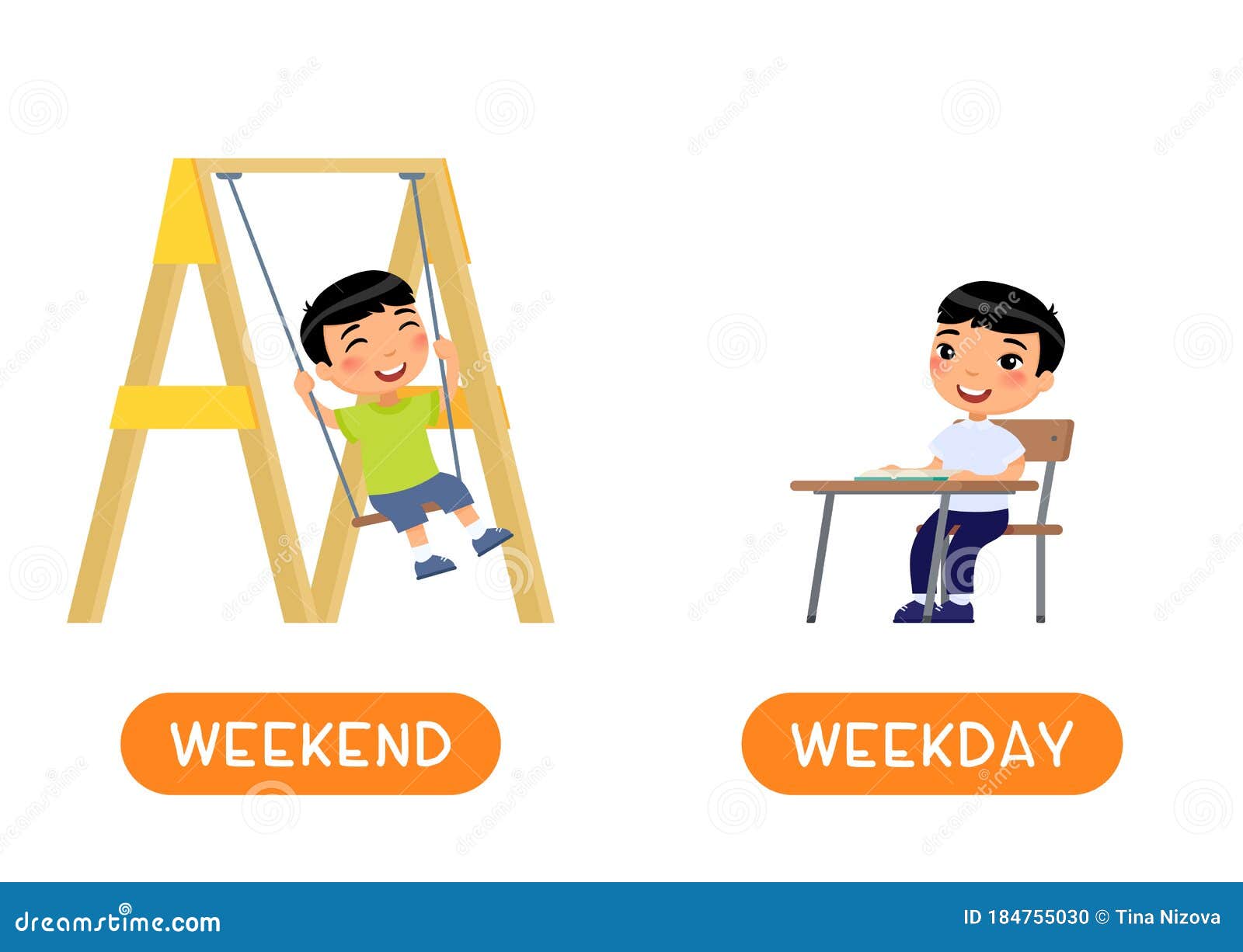 Educational Word Card with Opposites. Antonyms Concept, WEEKDAY and ... Educational Word Card with Opposites. Antonyms Concept, WEEKDAY and ...