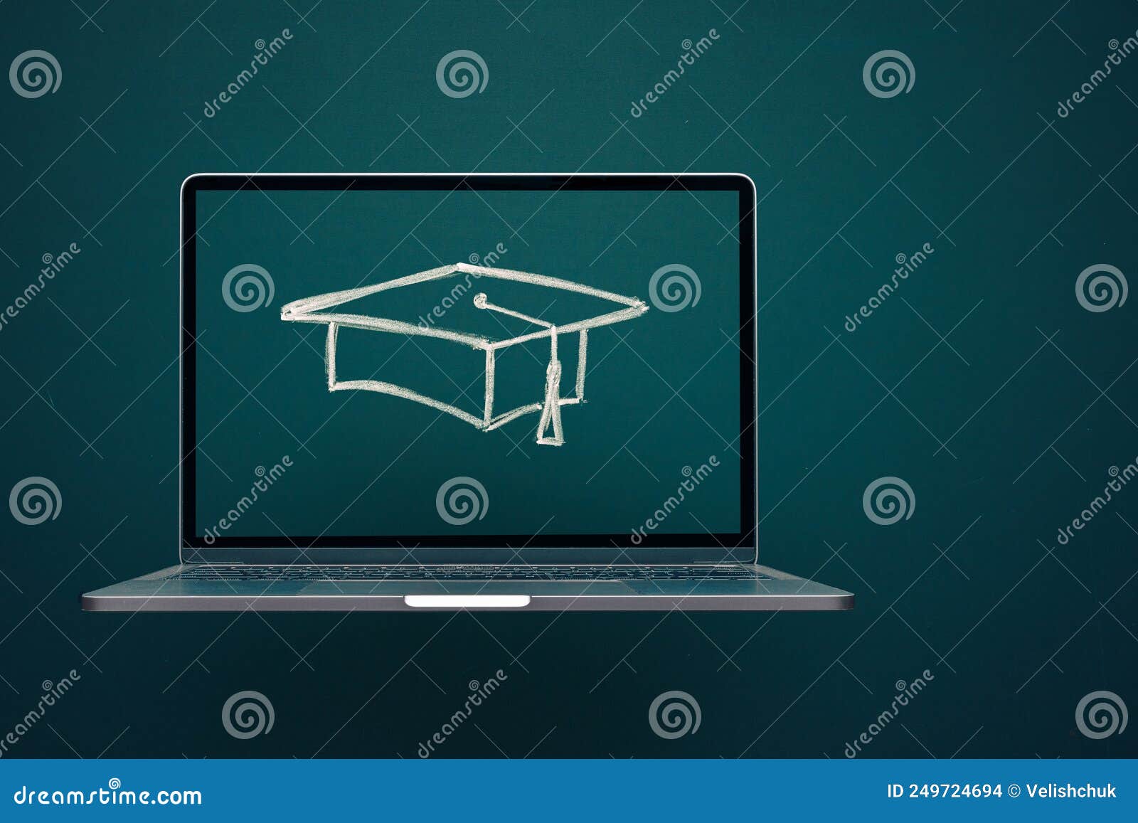Eduction and Graduation Concept. Open Laptop with Hand Drawn Graduation ...