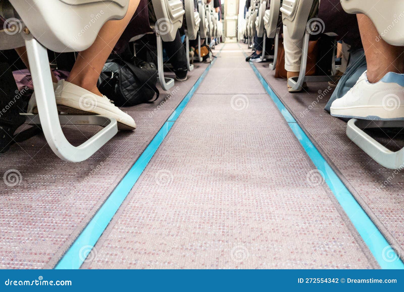 Emergency Floor Path Illumination Marking in Airplane Cabin Stock Photo ...