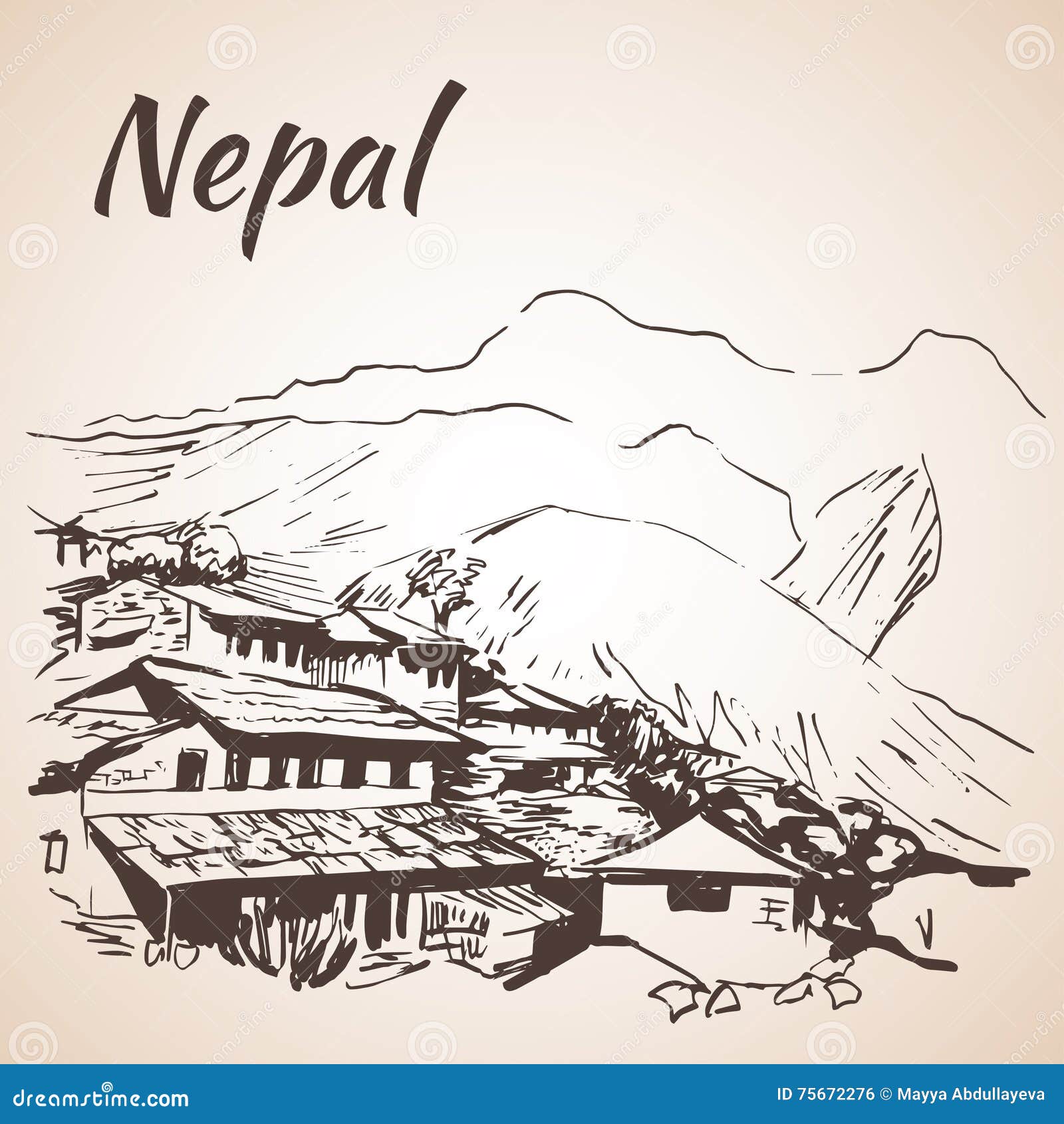 Een Bergdorp in De Kring Van Nepal - Annapurna- Vector Illustratie ...