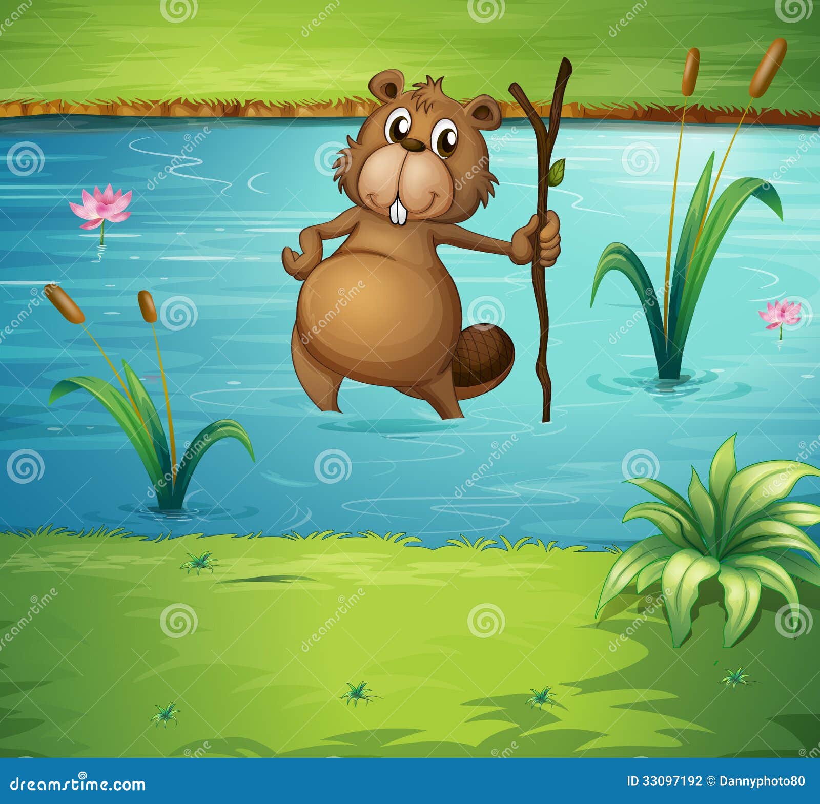 Een Bever Met Een Hout in De Rivier Vector Illustratie - Illustration ...