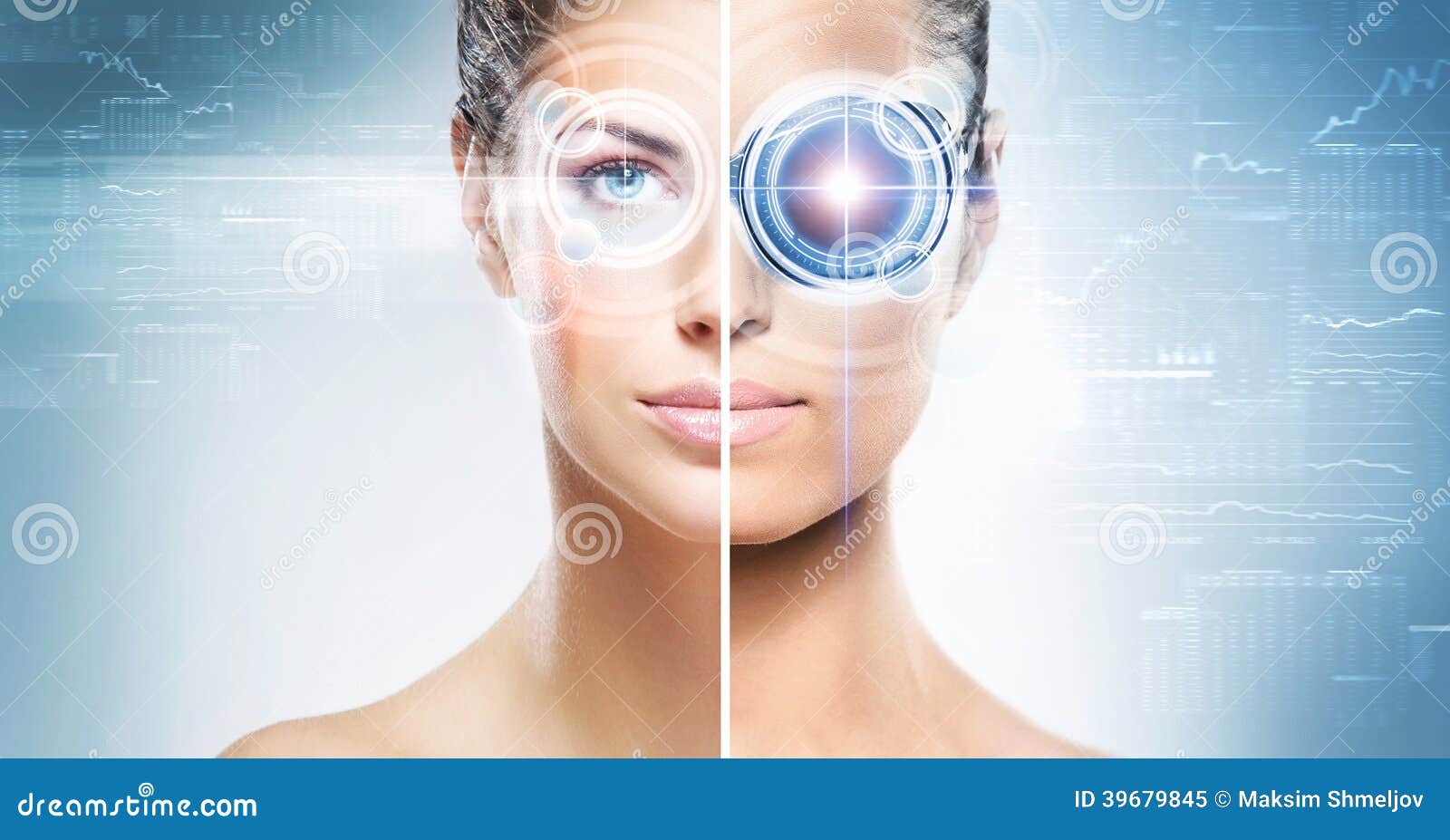 Een Collage Van Vrouwelijk Cyborg Op Een Technoachtergrond Stock ...