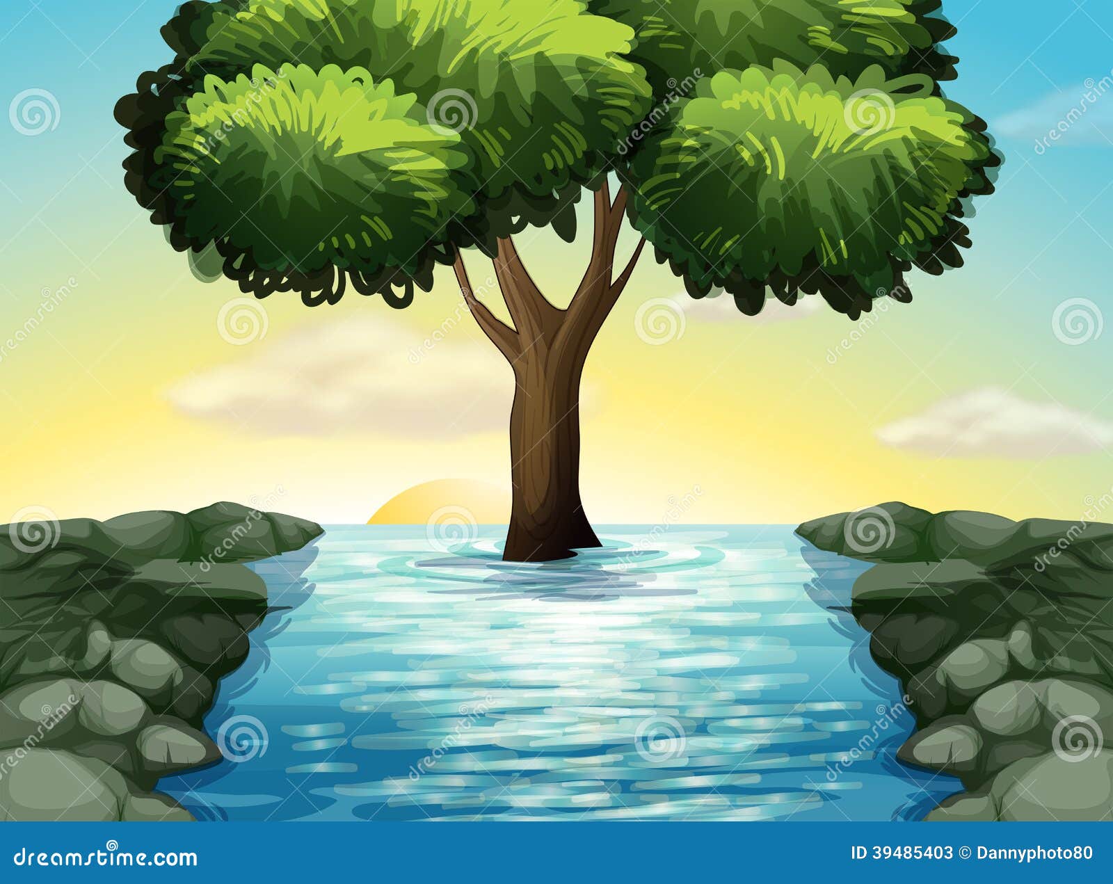 Een Grote Boom in Het Midden Van De Rivier Vector Illustratie ...