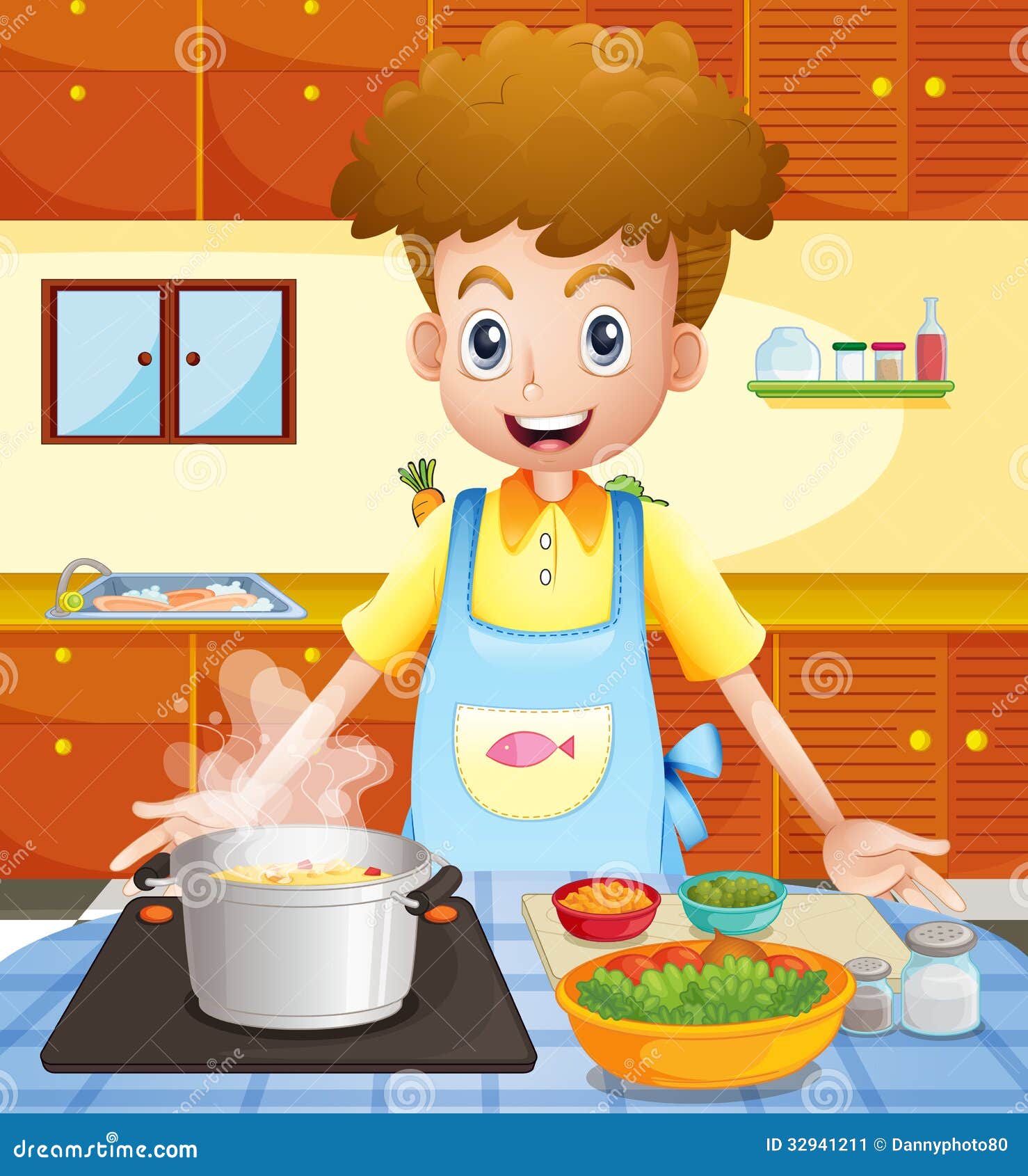 Een Keuken Met Mens Het Koken Vector Illustratie - Illustration of ...