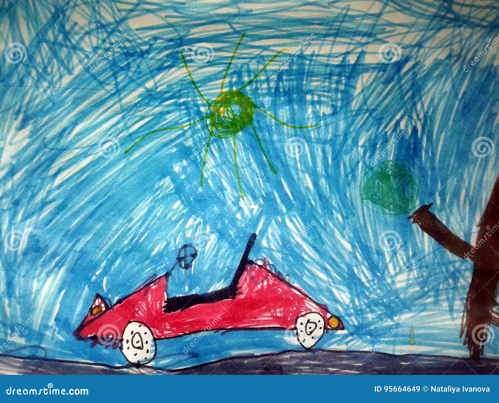 Een Kind` S Tekening Met De Rode Auto Stock Illustratie - Illustration ...