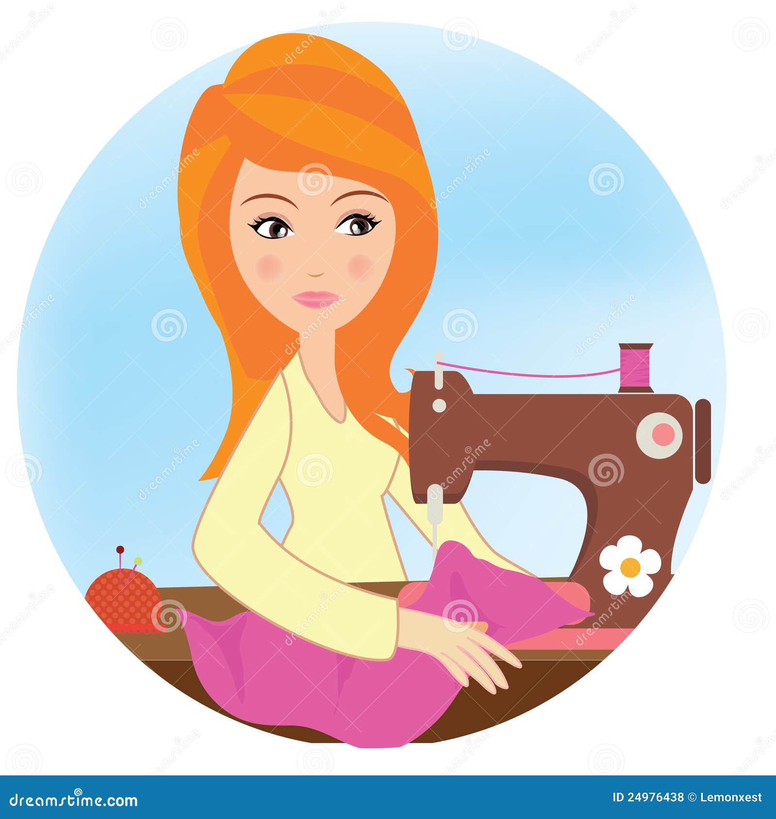 Een meisje met naaimachine vector illustratie. Illustration of naai ...