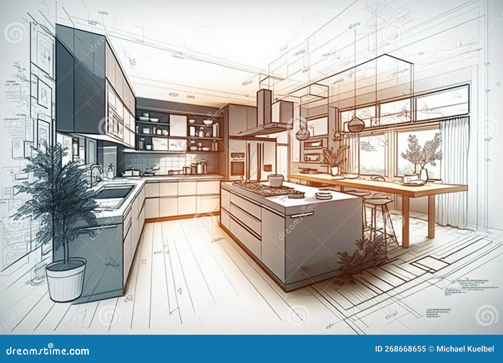 Een Technische Tekening Van Een Keuken Met 3d Visualisatie Stock Afbeelding - Image of renderen ...