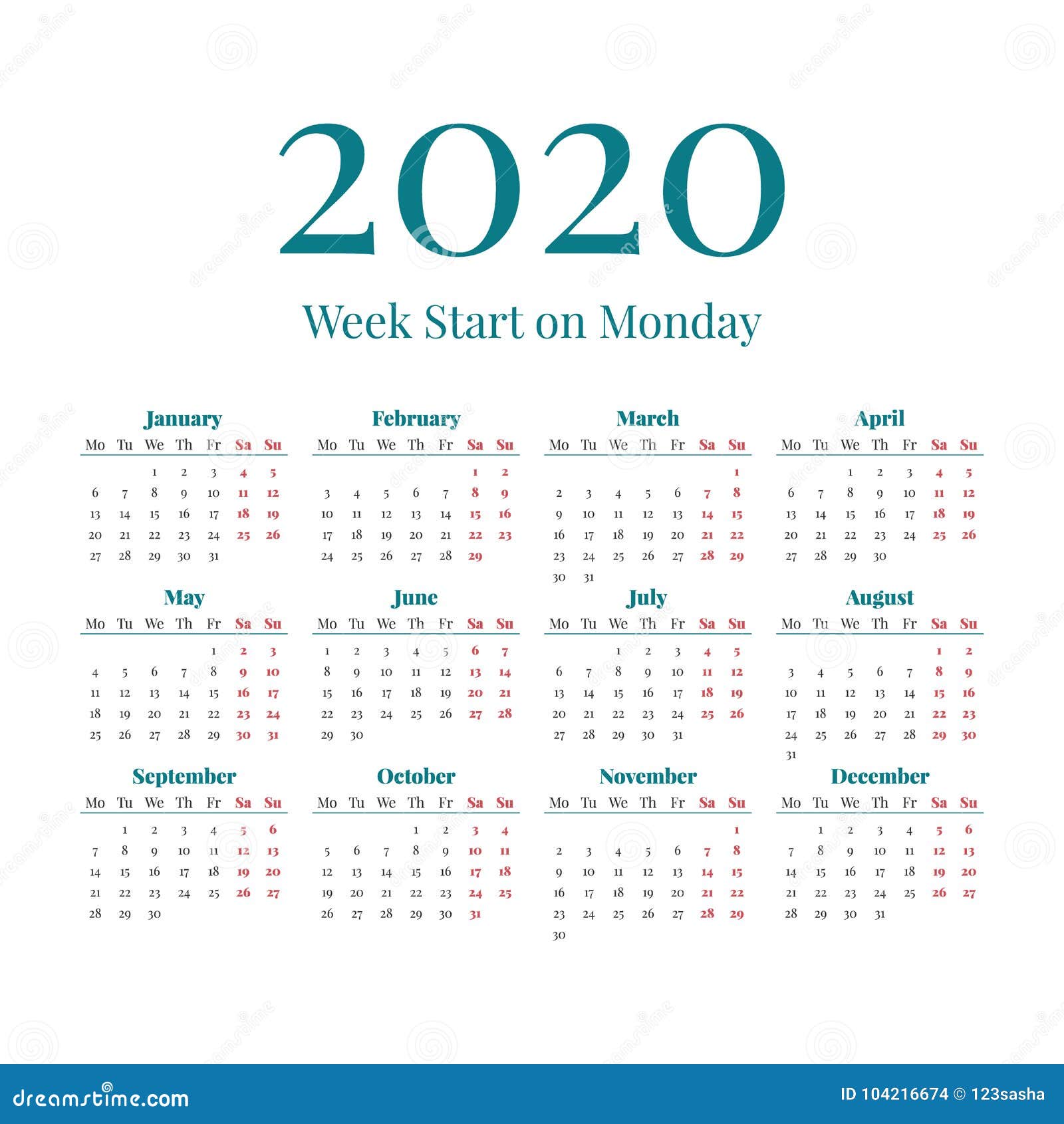 Eenvoudige Het Jaarkalender Van 2020 Vector Illustratie - Illustration ...