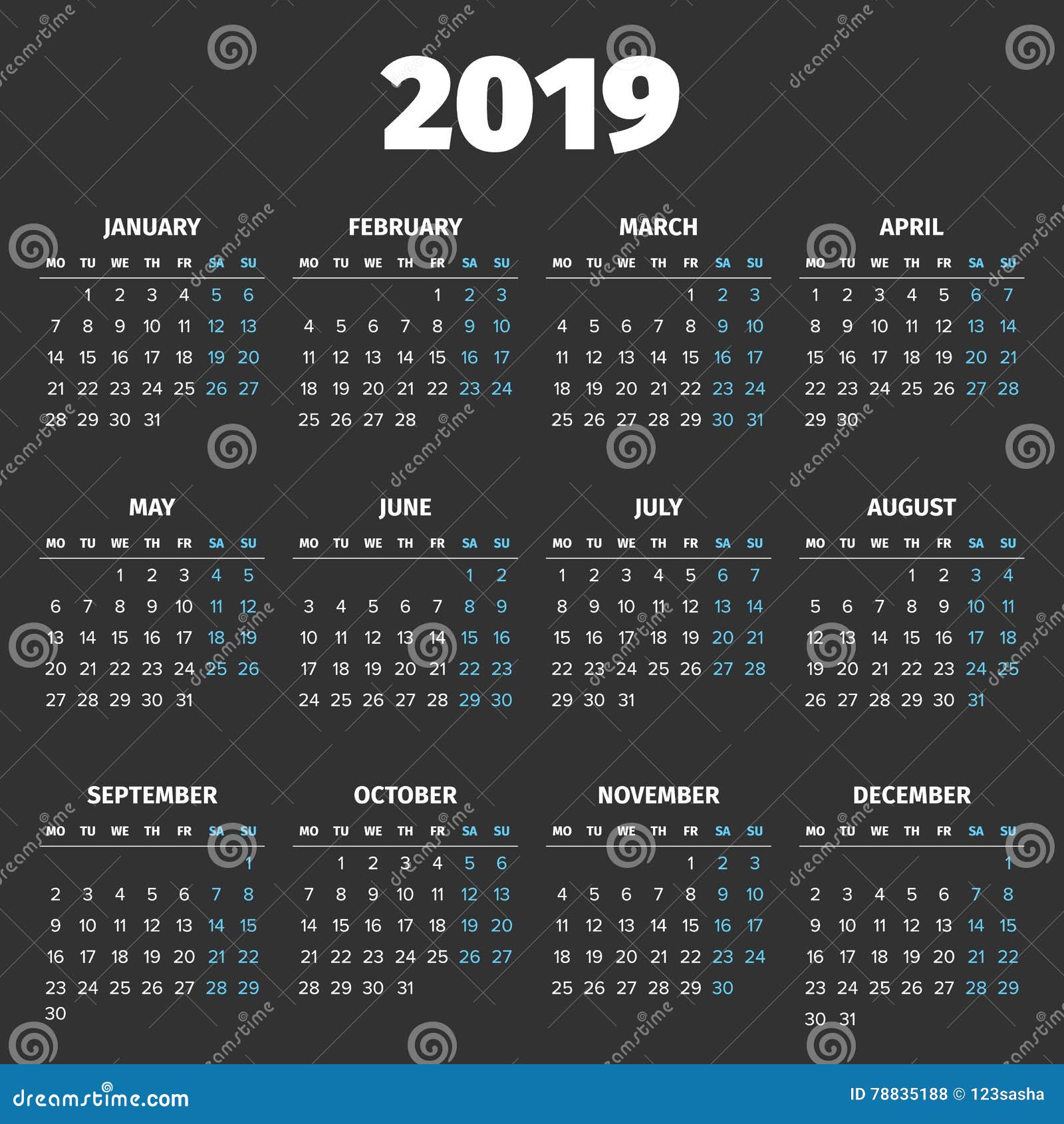 Eenvoudige Het Jaarkalender Van 2019 Vector Illustratie - Illustration ...