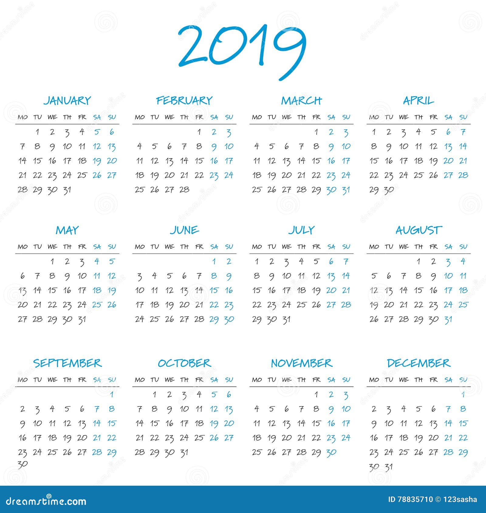 Eenvoudige Het Jaarkalender Van 2019 Vector Illustratie - Illustration ...
