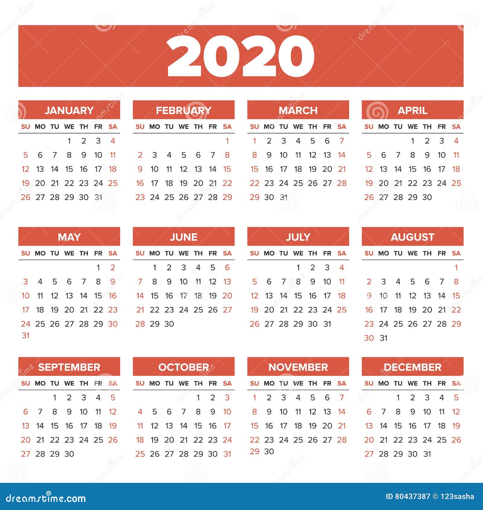 Eenvoudige Het Jaarkalender Van 2020 Vector Illustratie - Illustration ...