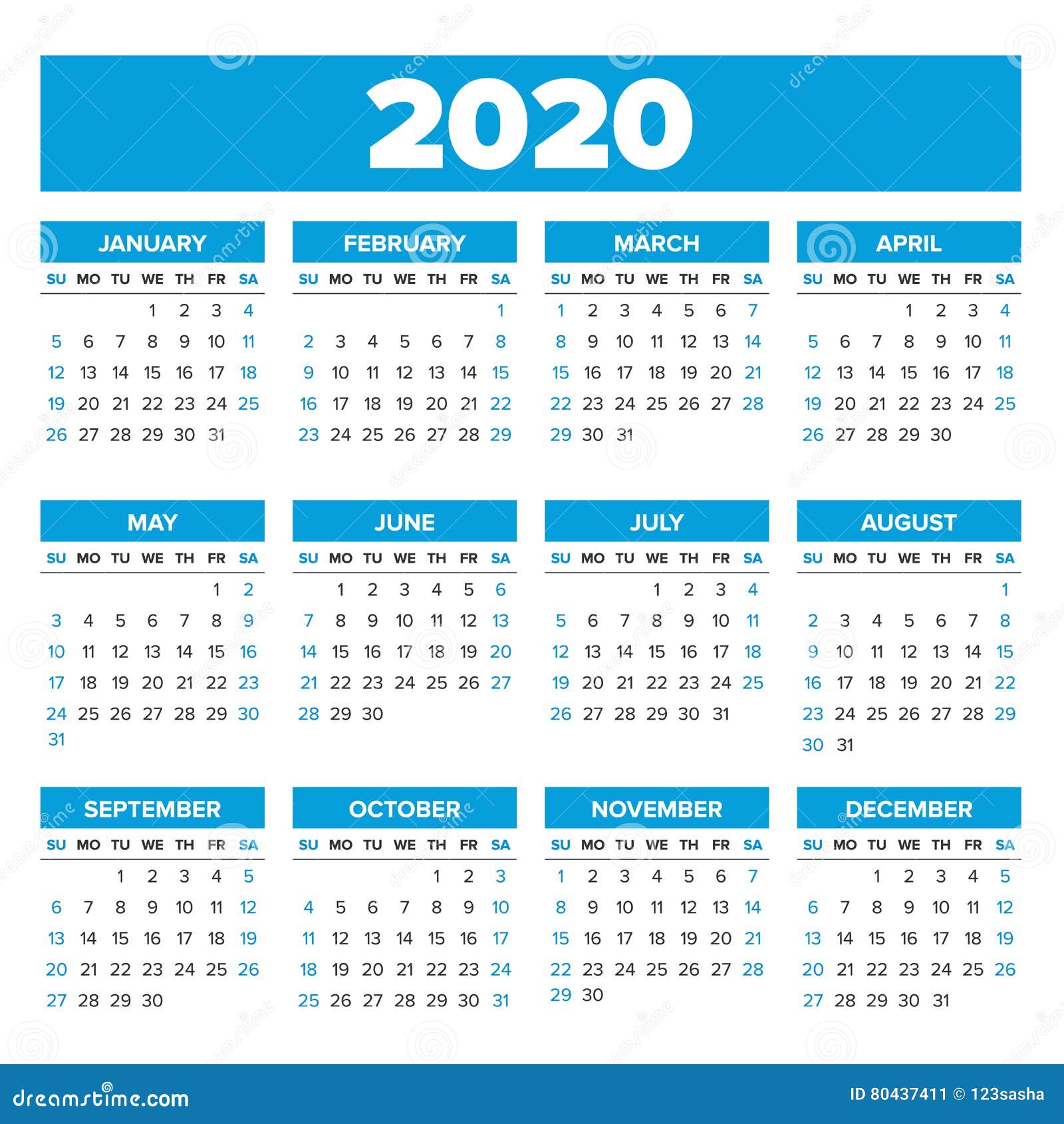 Eenvoudige Het Jaarkalender Van 2020 Vector Illustratie - Illustration ...
