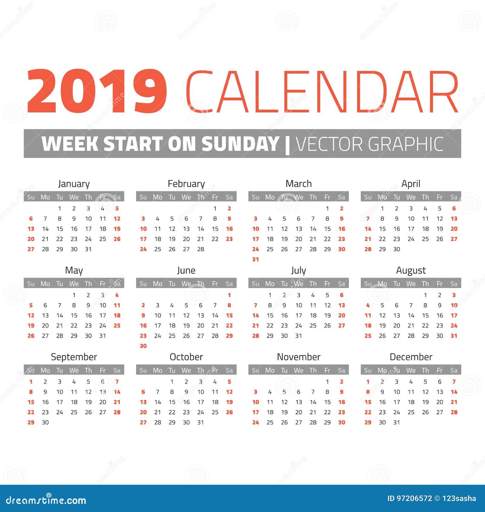 Eenvoudige Het Jaarkalender Van 2019 Vector Illustratie - Illustration ...