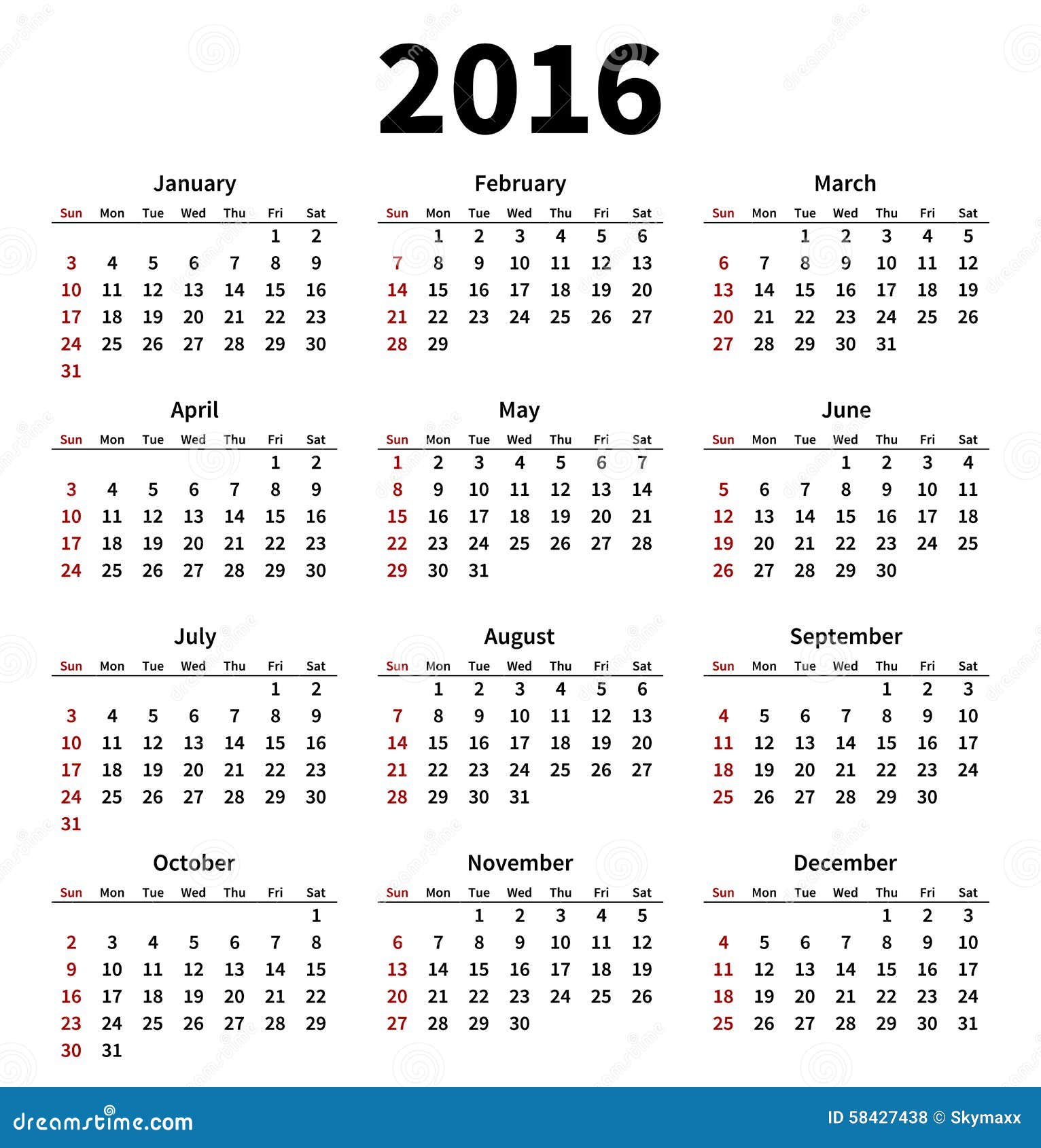 Eenvoudige Het Jaarkalender Van 2016 Op Witte Achtergrond Vector ...