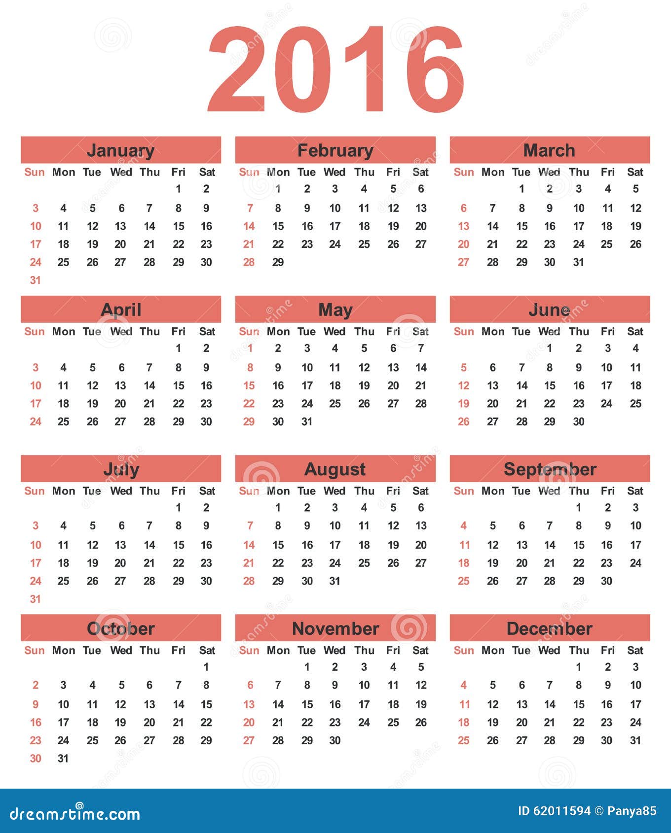 Eenvoudige Kalender 2016 Het Begin Van De Week Op Zondag Vector ...