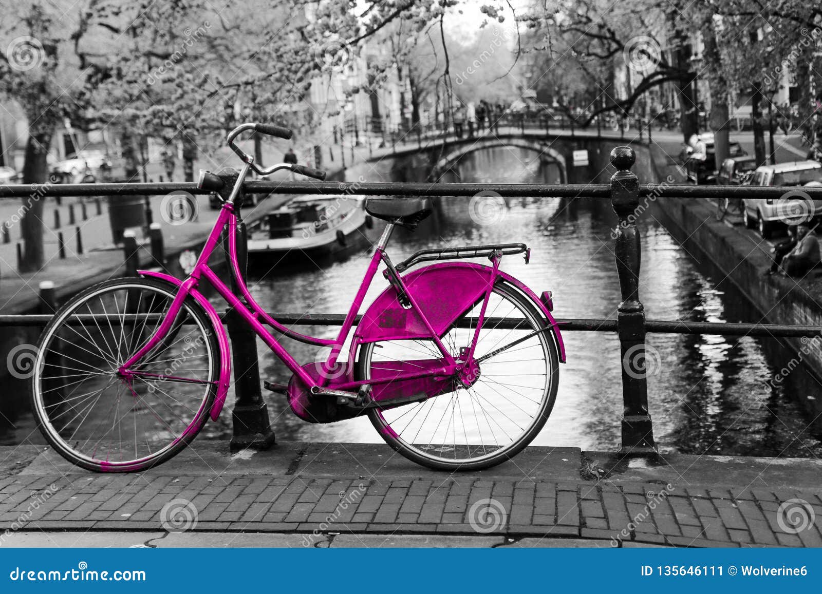 Eenzame Roze Fiets in Amsterdam Stock Afbeelding - Image of leven ...