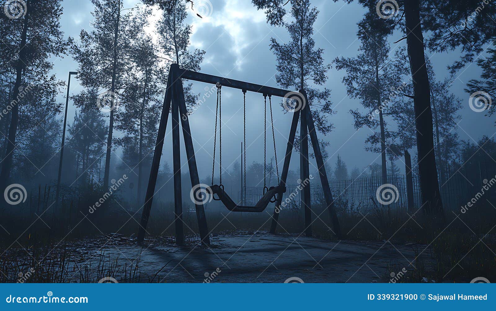 Broken Swing Set in an Empty Playground Surrounded by Tall Dark Trees ...