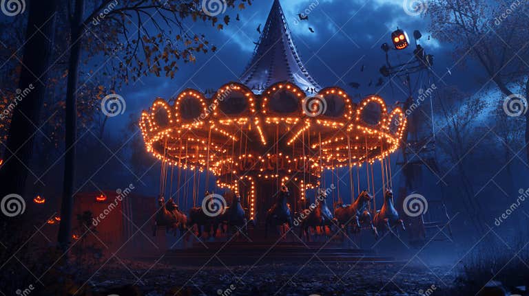 Eerie Carousel in a Dark Forest at Night Stock Illustration ...