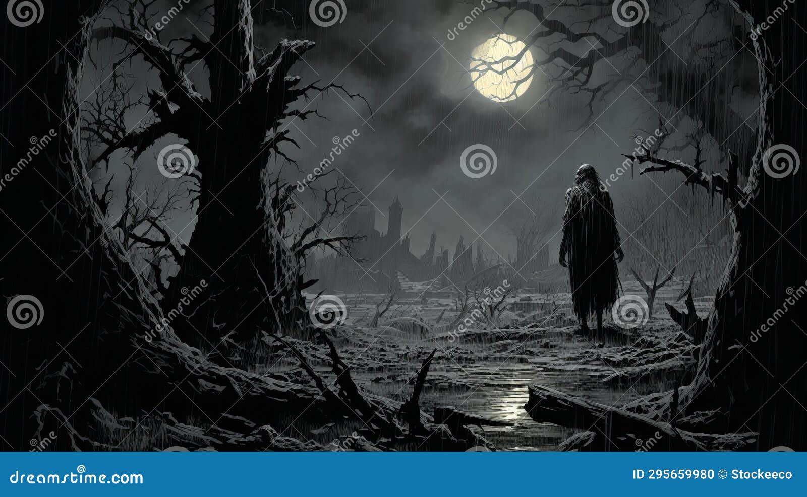 Eerie Concept Art: Ghosts and Demons in Moonlit Trees Stock ...