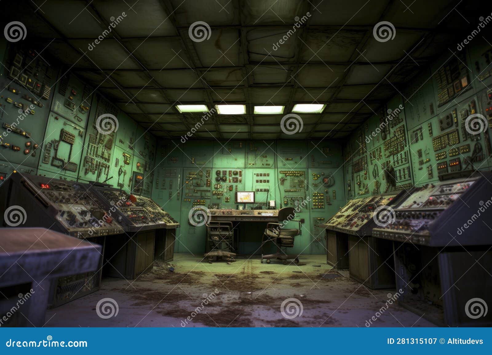 Eerie Empty Control Room with Broken Equipment Stock Image - Image of ...