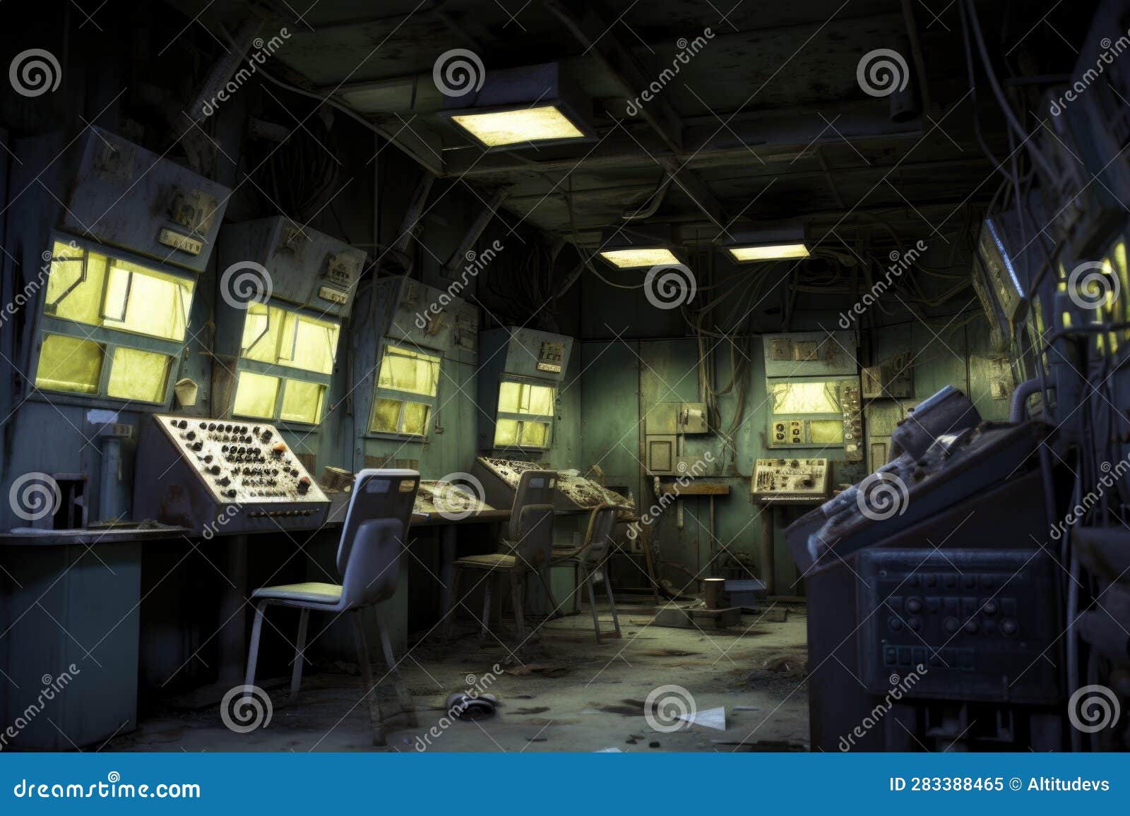 Eerie Empty Control Room with Broken Equipment Stock Image - Image of ...