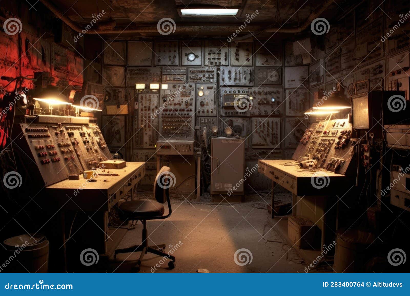 Eerie Empty Control Room with Broken Equipment Stock Illustration ...
