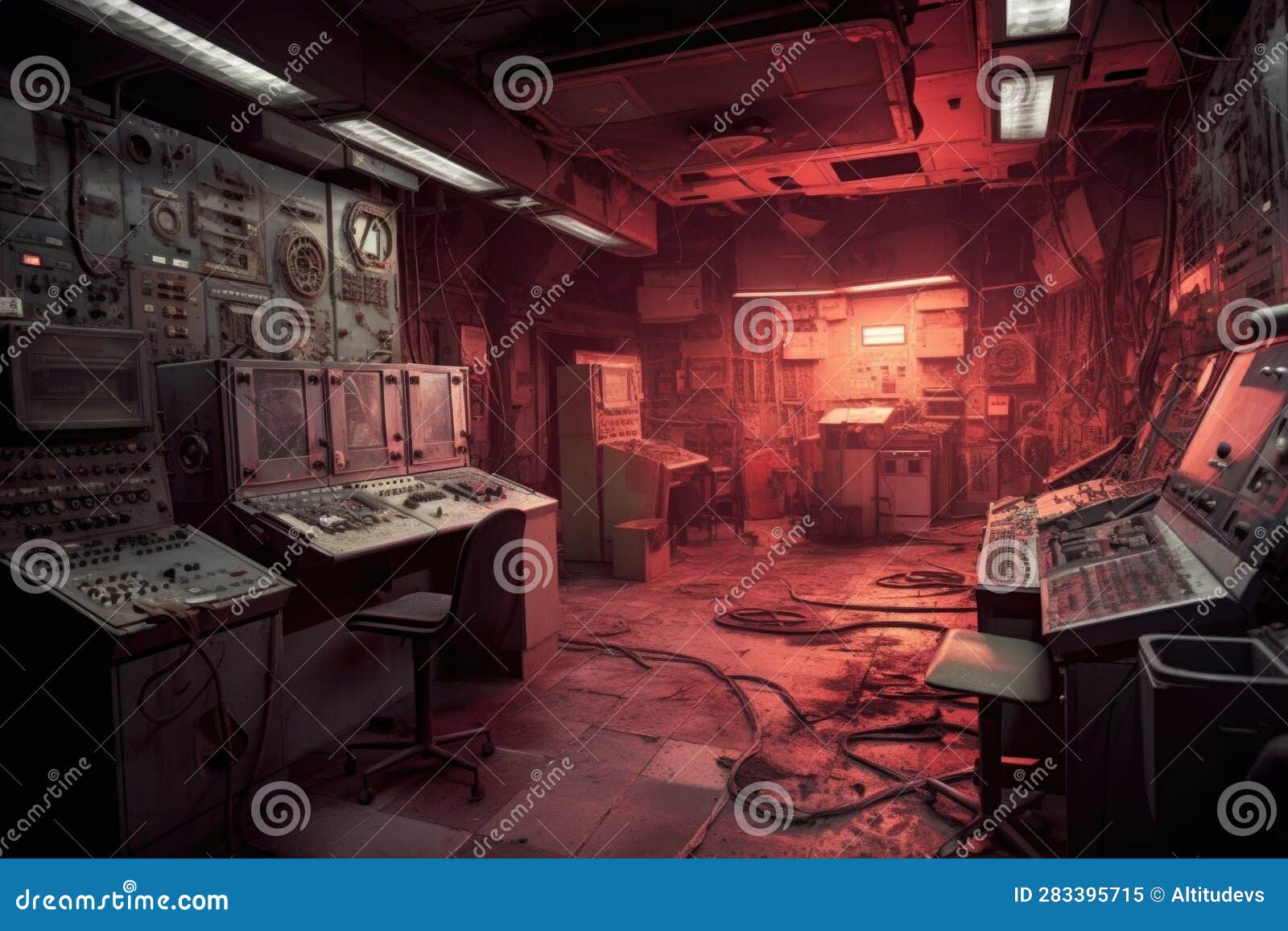 Eerie Empty Control Room with Broken Equipment Stock Illustration ...