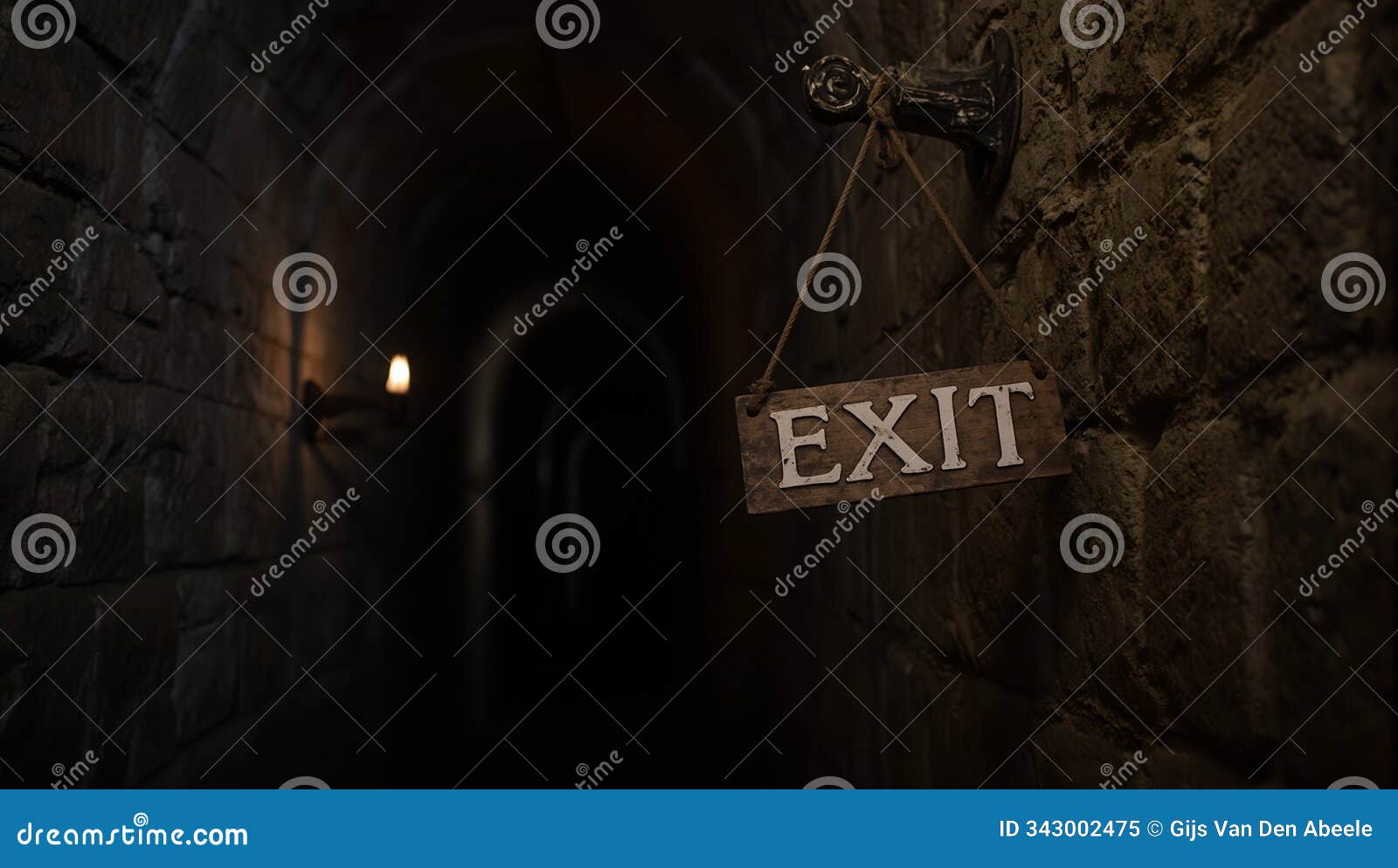 Eerie Exit Sign in Dimly Lit Castle Tunnel Stock Illustration ...