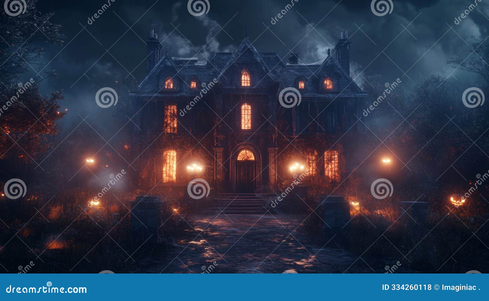 Eerie Haunted Mansion with Glowing Windows and Jack-o-Lanterns Stock ...
