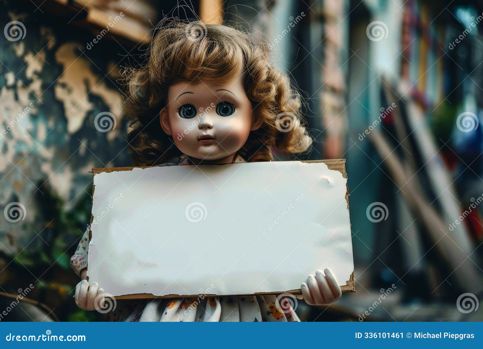 An Eerie Looking Porcelain Doll Holds an Empty Sign As a Template Stock ...
