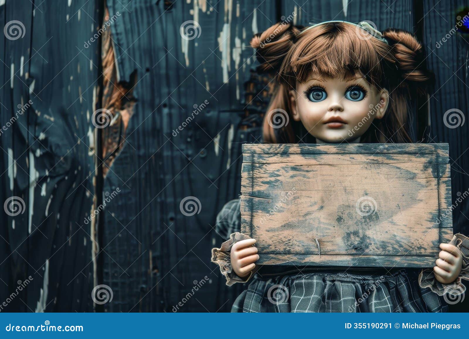 An Eerie Looking Porcelain Doll Holds an Empty Sign As a Template Stock ...