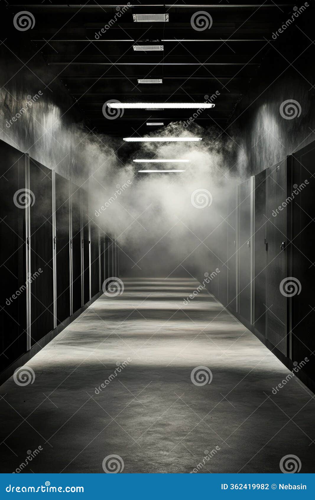 Eerie Mist in Dark Hallway with Overhead Lights and Doors Stock Photo ...