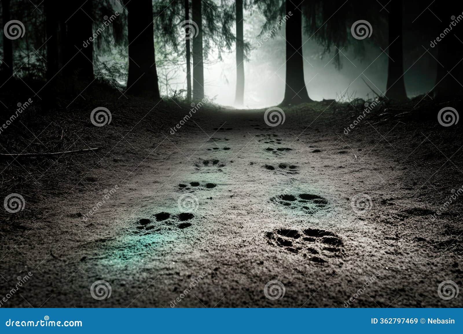 Eerie Paw Prints in Misty Forest Pathway Stock Image - Image of ...